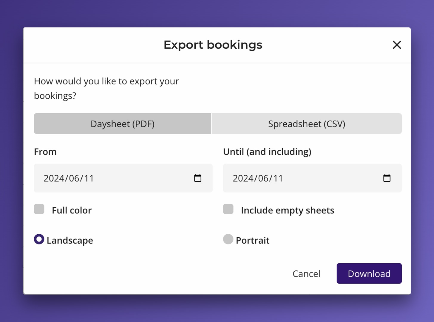 Bookem | Download a daysheet or booking data for a select time period
